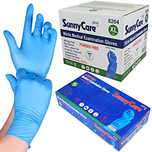 1000 SunnyCare #8204 Blue Nitrile Medical Exam Gloves Powder Free Chemo-Rated (Non Vinyl Latex) 100/box;10boxes/case Size: X-Large