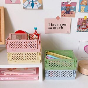 Mini Collapsible Storage Crates/Stackable Storage Container Basket, Folding Plastic Storage Box Foldable Plastic Storage Case Desktop Carrying Basket 4#Mini Pink