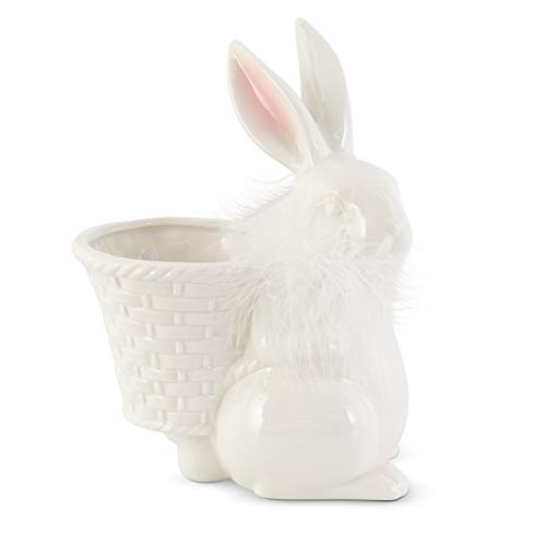 K&K Interiors 20399B 7.75 Inch White Porcelain Feathered Bunny with Basket