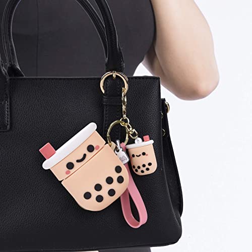 Cute Airpod Case Cover with Keychain Girly Pink Boba Milk Tea Design Compatible with Airpods 2&1 Charging Case for Women and Girls