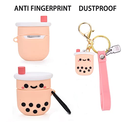 Cute Airpod Case Cover with Keychain Girly Pink Boba Milk Tea Design Compatible with Airpods 2&1 Charging Case for Women and Girls