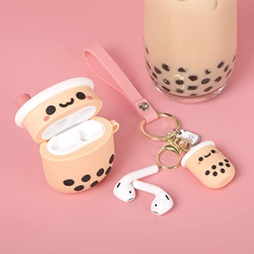 Cute Airpod Case Cover with Keychain Girly Pink Boba Milk Tea Design Compatible with Airpods 2&1 Charging Case for Women and Girls