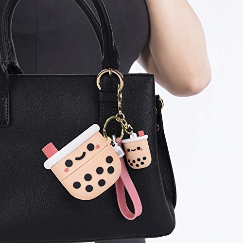 Cute Airpod Pro Case Cover with Keychain Girly Pink Boba Milk Tea Design Compatible with Airpods Pro Charging Case for Women and Girls