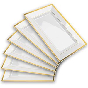 mint living - elegant plastic serving tray & platter set (6pk) - white & gold rim disposable serving trays & platters for food - weddings, upscale parties, dessert table, cupcake display - 8x13 inches