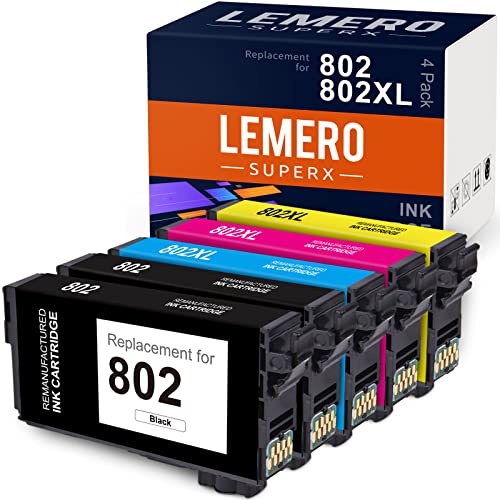 LemeroSuperx 802 Remanufactured Ink Cartridges Replacement for Epson 802XL T802XL T802 Work for Workforce Pro WF-4740 WF-4730 WF-4720 WF-4734 EC-4020 Printer (Black Cyan Magenta Yellow, 5 Pack)