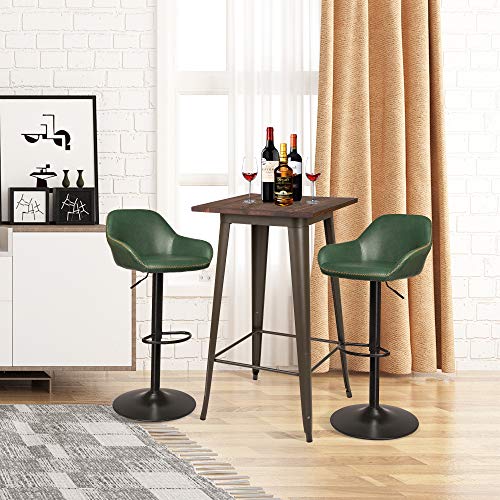 glitzhome Mid-Century Adjustable Hunter Green Bar Stool with Wooden Seat Industrial Rustic Bar Table - Square Pub tabel and Metal Dining Chairs Set of 3