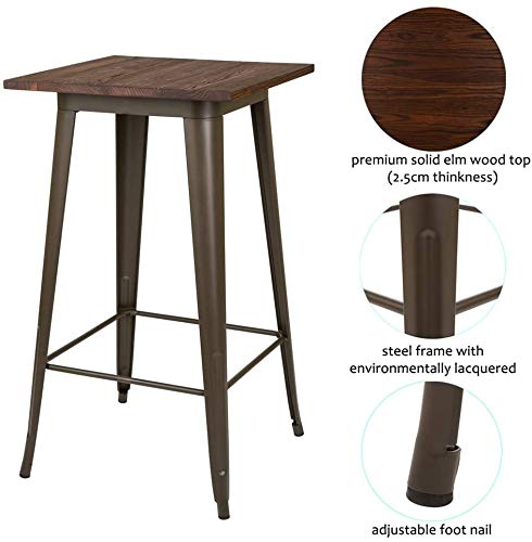 glitzhome Mid-Century Adjustable Hunter Green Bar Stool with Wooden Seat Industrial Rustic Bar Table - Square Pub tabel and Metal Dining Chairs Set of 3