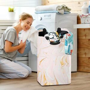 Qilmy Gold and Pink Marble Laundry Hamper Large Waterproof with Handle Laundry Baskets Foldable Lightweight Durable Store Basket for Bathroom Bedroom