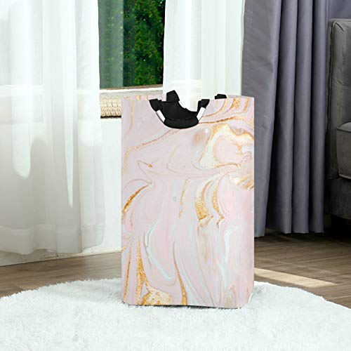 Qilmy Gold and Pink Marble Laundry Hamper Large Waterproof with Handle Laundry Baskets Foldable Lightweight Durable Store Basket for Bathroom Bedroom