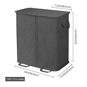 Lifewit Double Laundry Hamper with Lid and Removable Laundry Bags, Large Collapsible 2 Dividers Dirty Clothes Basket with Handles for Bedroom, Laundry Room, Closet, Bathroom, College, Grey and Black