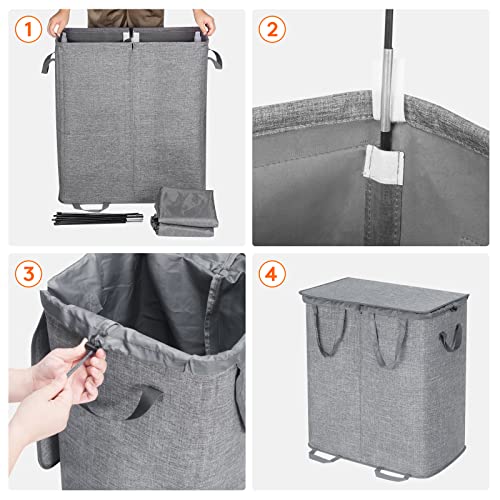 Lifewit Double Laundry Hamper with Lid and Removable Laundry Bags, Large Collapsible 2 Dividers Dirty Clothes Basket with Handles for Bedroom, Laundry Room, Closet, Bathroom, College, Grey and Black