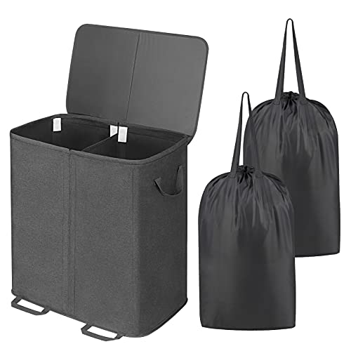 Lifewit Double Laundry Hamper with Lid and Removable Laundry Bags, Large Collapsible 2 Dividers Dirty Clothes Basket with Handles for Bedroom, Laundry Room, Closet, Bathroom, College, Grey and Black