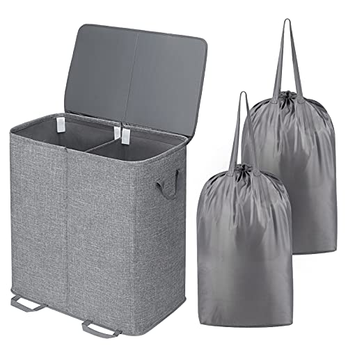 Lifewit Double Laundry Hamper with Lid and Removable Laundry Bags, Large Collapsible 2 Dividers Dirty Clothes Basket with Handles for Bedroom, Laundry Room, Closet, Bathroom, College, Grey and Black