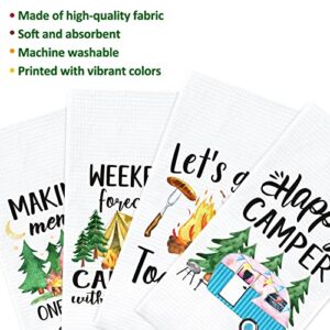 Vansolinne Camping Kitchen Towels Set of 4 Dish Towels White Kitchen Hand Towels Kit Printed with Funny Sayings Novelty Gifts for Campers Happy Camper Camping Accessories for RV Campers