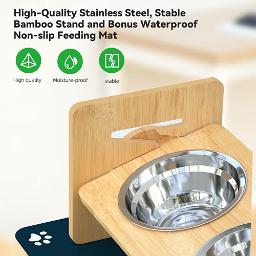 Upgraded Elevated Dog Bowls for Small Size Dogs and Cats - Adjustable Bamboo Raised Dog Bowl Stand with Highly Absorbent Spill Proof Mat and 2 Stainless Steel Pet Dog Puppy Food Water Bowls