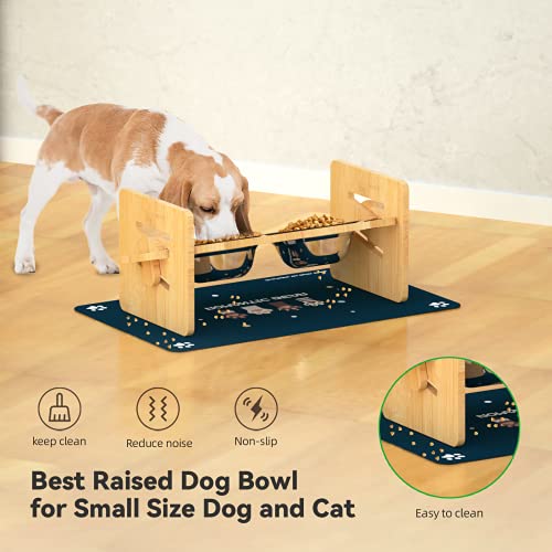 Upgraded Elevated Dog Bowls for Small Size Dogs and Cats - Adjustable Bamboo Raised Dog Bowl Stand with Highly Absorbent Spill Proof Mat and 2 Stainless Steel Pet Dog Puppy Food Water Bowls