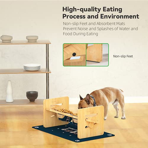 Upgraded Elevated Dog Bowls for Small Size Dogs and Cats - Adjustable Bamboo Raised Dog Bowl Stand with Highly Absorbent Spill Proof Mat and 2 Stainless Steel Pet Dog Puppy Food Water Bowls