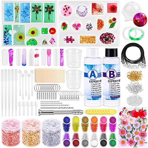 Thrilez 219Pcs Resin Kit for Beginners, Resin Mold Kit with Resin Molds Silicone and Epoxy Resin Supplies Include Dried Flowers, Foil Flakes, Necklace Cord, Earring Hooks for DIY Jewelry Making