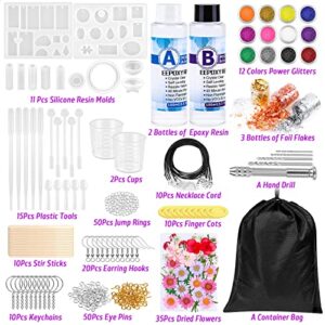 Thrilez 219Pcs Resin Kit for Beginners, Resin Mold Kit with Resin Molds Silicone and Epoxy Resin Supplies Include Dried Flowers, Foil Flakes, Necklace Cord, Earring Hooks for DIY Jewelry Making