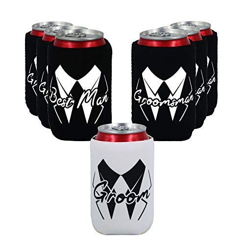 LADY&HOME Set of 7 Groom and Groomsman Can Coolers, Can Sleeve Favors for Bachelor Party and Wedding Party (Squiggles)