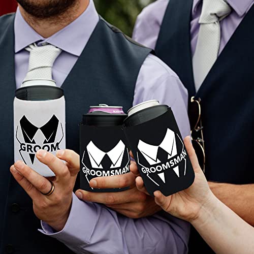 LADY&HOME Set of 7 Groom and Groomsman Can Coolers, Can Sleeve Favors for Bachelor Party and Wedding Party (Squiggles)