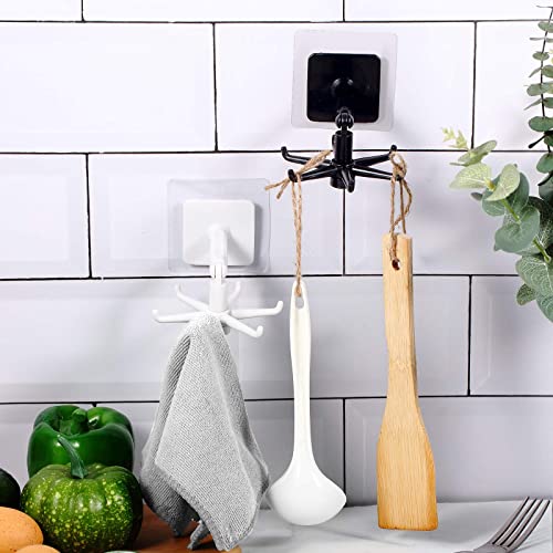 4 Pieces 360 Rotating Folding Hook Multi-purpose Hanging Utensil Holder Hook 180 Degrees Vertical Flip Self-Adhesive Hook Utensil Rack with 6 Hooks for Kitchen Bathroom Cabinet Towel (Black, White)