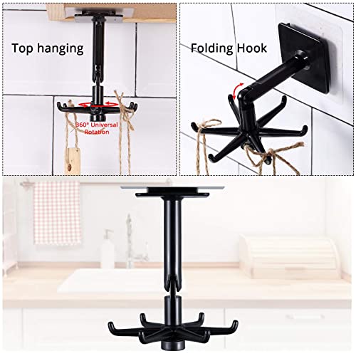 4 Pieces 360 Rotating Folding Hook Multi-purpose Hanging Utensil Holder Hook 180 Degrees Vertical Flip Self-Adhesive Hook Utensil Rack with 6 Hooks for Kitchen Bathroom Cabinet Towel (Black, White)