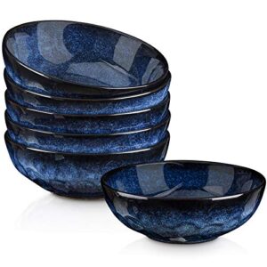 vicrays ceramic salad bowls set - 32 ounce soup bowls, pasta bowls, chip resistant, dishwasher microwave safe, large fluted stoneware bowls for kitchen, serving bowls, set of 6 (blue)