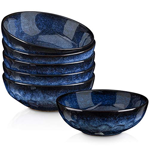 vicrays Ceramic Salad Bowls Set - 32 Ounce Soup Bowls, Pasta Bowls, Chip Resistant, Dishwasher Microwave Safe, Large Fluted stoneware Bowls for Kitchen, Serving Bowls, Set of 6 (Blue)