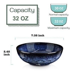 vicrays Ceramic Salad Bowls Set - 32 Ounce Soup Bowls, Pasta Bowls, Chip Resistant, Dishwasher Microwave Safe, Large Fluted stoneware Bowls for Kitchen, Serving Bowls, Set of 6 (Blue)