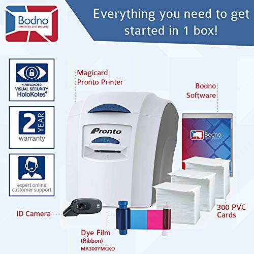 Magicard Pronto ID Card Printer & Super Supplies Package with Bodno ID Software, Camera, 300 Cards and 300 Print Ribbon - Silver Edition