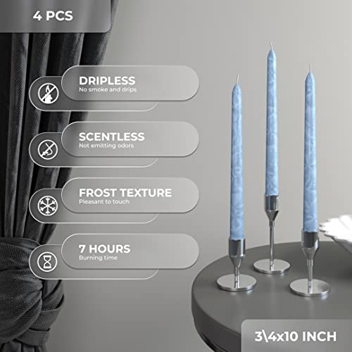 CANDWAX 10 inch Unscented Candles Set of 4 - Dripless Taper Candles Colored As Frost - Long Tapered Candles Ideal As Dinner Candles, Candle Décor and Wedding Candle - Light Blue Candlesticks