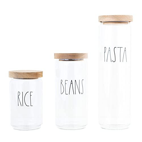 Rae Dunn Clear Glass Rice, Pasta, and Bean Jars, Large Kitchen Storage Jars with Airtight Lids, Set of 3