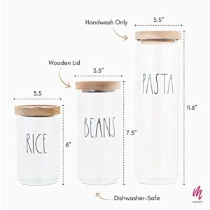 Rae Dunn Clear Glass Rice, Pasta, and Bean Jars, Large Kitchen Storage Jars with Airtight Lids, Set of 3