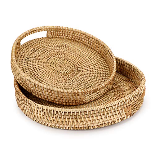 Hipiwe Rattan Serving Tray with Handles Handmade Woven Basket Tray Home Decorative Organizer Tray, Breakfast, Tea, Snack, Fruit, Coffee Storage Tray, Set of 2 (Round)