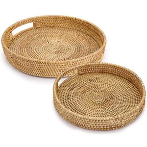 Hipiwe Rattan Serving Tray with Handles Handmade Woven Basket Tray Home Decorative Organizer Tray, Breakfast, Tea, Snack, Fruit, Coffee Storage Tray, Set of 2 (Round)