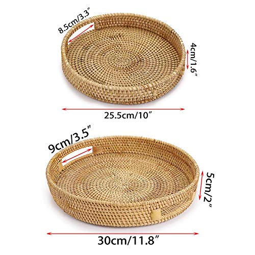 Hipiwe Rattan Serving Tray with Handles Handmade Woven Basket Tray Home Decorative Organizer Tray, Breakfast, Tea, Snack, Fruit, Coffee Storage Tray, Set of 2 (Round)