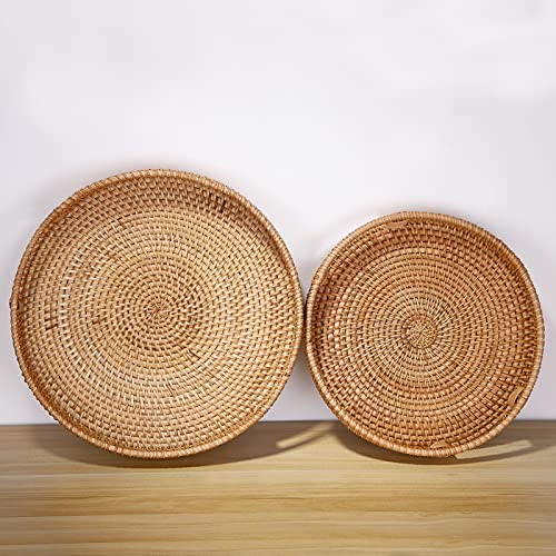 Hipiwe Rattan Serving Tray with Handles Handmade Woven Basket Tray Home Decorative Organizer Tray, Breakfast, Tea, Snack, Fruit, Coffee Storage Tray, Set of 2 (Round)