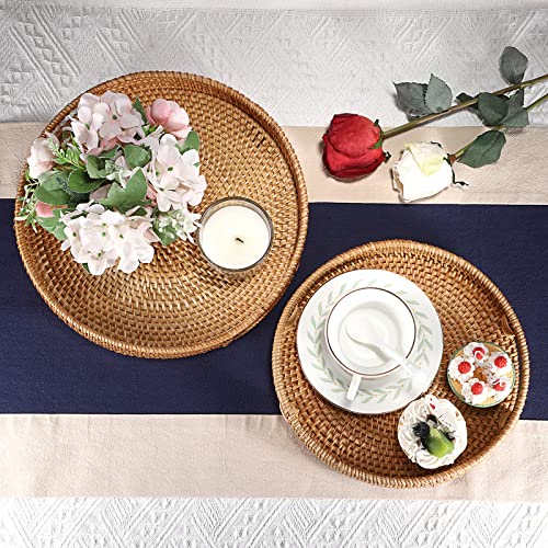 Hipiwe Rattan Serving Tray with Handles Handmade Woven Basket Tray Home Decorative Organizer Tray, Breakfast, Tea, Snack, Fruit, Coffee Storage Tray, Set of 2 (Round)