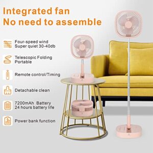 Portable Pedestal Fan - Foldaway Standing Fan Foldable Desk Fan, Wireless Use 7200Mah Rechargeable Battery, Remote Control Telescopic 4 Speed Quiet Timer Fan for Home Kitchen Outdoor Camping (Pink)