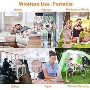 Portable Pedestal Fan - Foldaway Standing Fan Foldable Desk Fan, Wireless Use 7200Mah Rechargeable Battery, Remote Control Telescopic 4 Speed Quiet Timer Fan for Home Kitchen Outdoor Camping (Pink)