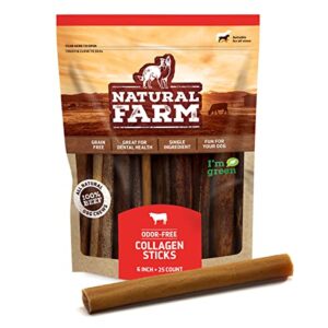 natural farm collagen dog chews (6 inch, 25 pack), odor-free long lasting bully sticks & rawhide alternative dog treats, 95% collagen low fat, high protein best dental dog treats – medium & large dogs