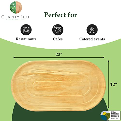 Charity Leaf Disposable Palm Leaf 22" x 12" Trays (10 pieces) Bamboo Like Serving Platters, Disposable Boards, Eco-Friendly Dinnerware For Weddings, Catering, Events