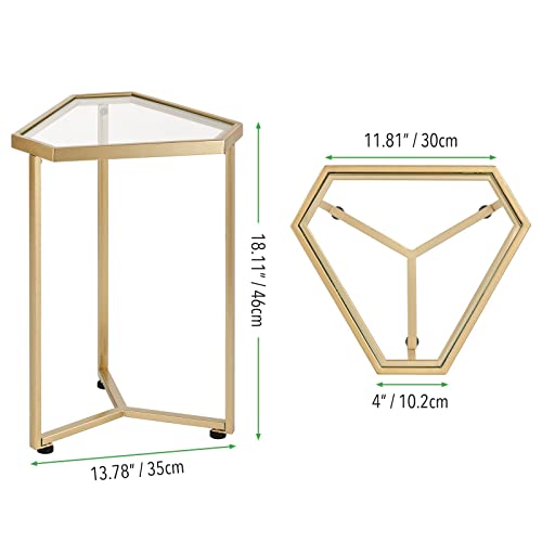 mDesign Triangle Metal & Glass in-Lay Accent Table - Small Side/End/Drink Table - Decorative Legs, Glass Top - Home Decor Accent Furniture for Living Room, Bedroom - Soft Brass/Glass