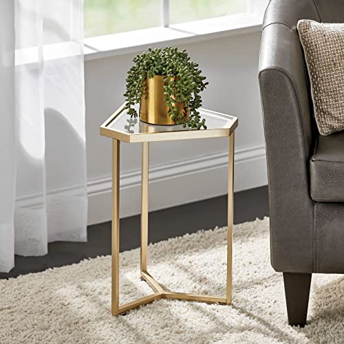 mDesign Triangle Metal & Glass in-Lay Accent Table - Small Side/End/Drink Table - Decorative Legs, Glass Top - Home Decor Accent Furniture for Living Room, Bedroom - Soft Brass/Glass