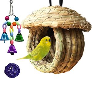 hamiledyi birds nest straw eco-friendly straw birdhouse 100% natural fiber bird nest hut cozy resting breeding place with birds toy for medium-sized parrots conures cockatiel,large