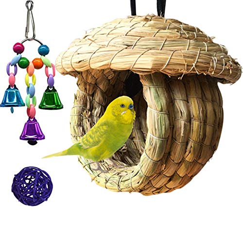 Hamiledyi Birds Nest Straw Eco-Friendly Straw Birdhouse 100% Natural Fiber Bird Nest Hut Cozy Resting Breeding Place with Birds Toy for Medium-Sized Parrots Conures Cockatiel,Large