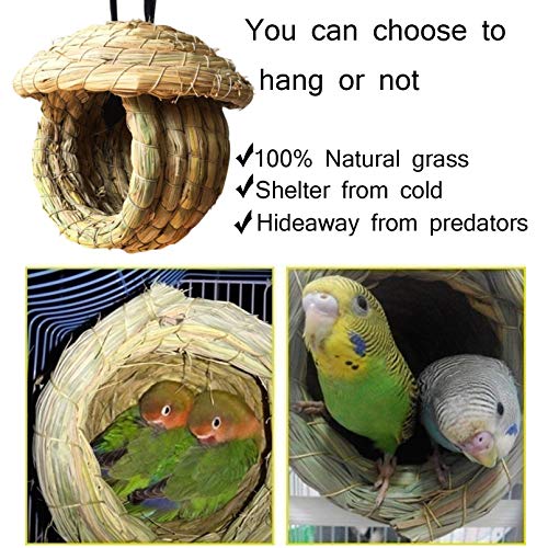 Hamiledyi Birds Nest Straw Eco-Friendly Straw Birdhouse 100% Natural Fiber Bird Nest Hut Cozy Resting Breeding Place with Birds Toy for Medium-Sized Parrots Conures Cockatiel,Large