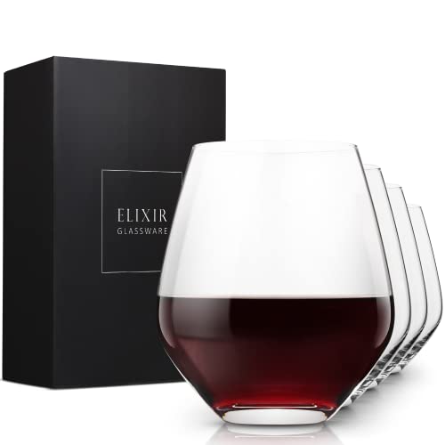 ELIXIR GLASSWARE Stemless Red Wine Glasses Set of 4 - Hand Blown Crystal Stemless Wine Glasses - Unique Large Wine Glasses For Cabernet, Pinot Noir, Burgundy, Bordeaux 18oz, Clear