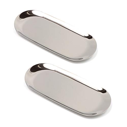 2 Pack 9in Stainless Steel Storage Tray, Premium Metal Organizer Plate to Hold Fruit, Tea, Cosmetics, Jewelry, Oval Stainless Steel Towel Tray for Vanity, Bathroom, Closets (Silver)